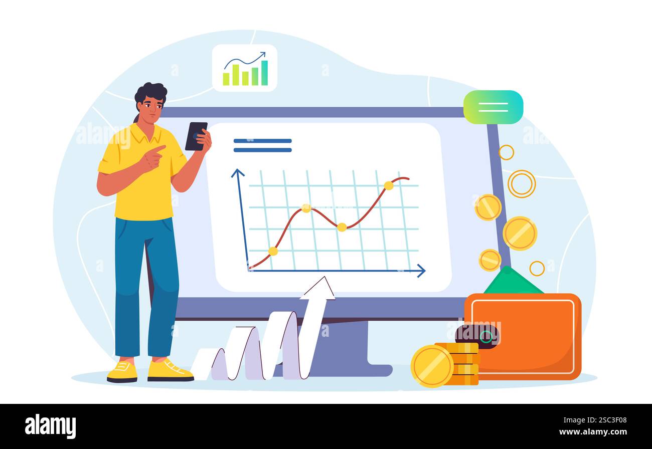Money analytics concept. Man with smartphone analyzes graph. Financial ...