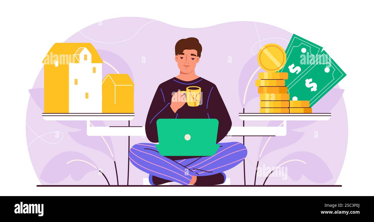 Financial balance man. Young guy near scales with gold coins and ...