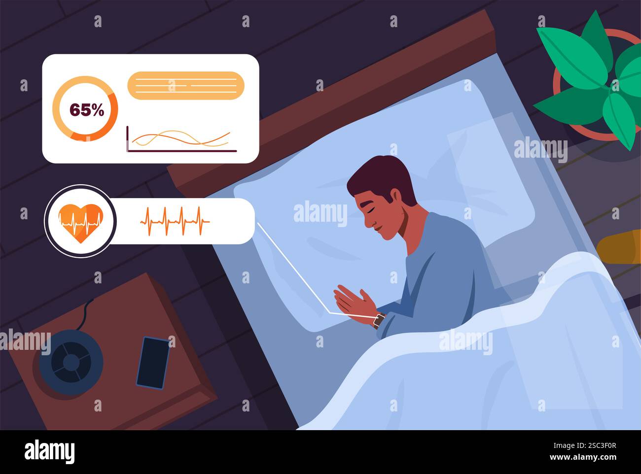 Man sleep with tracker. Top view of young guy with smart watch on his ...