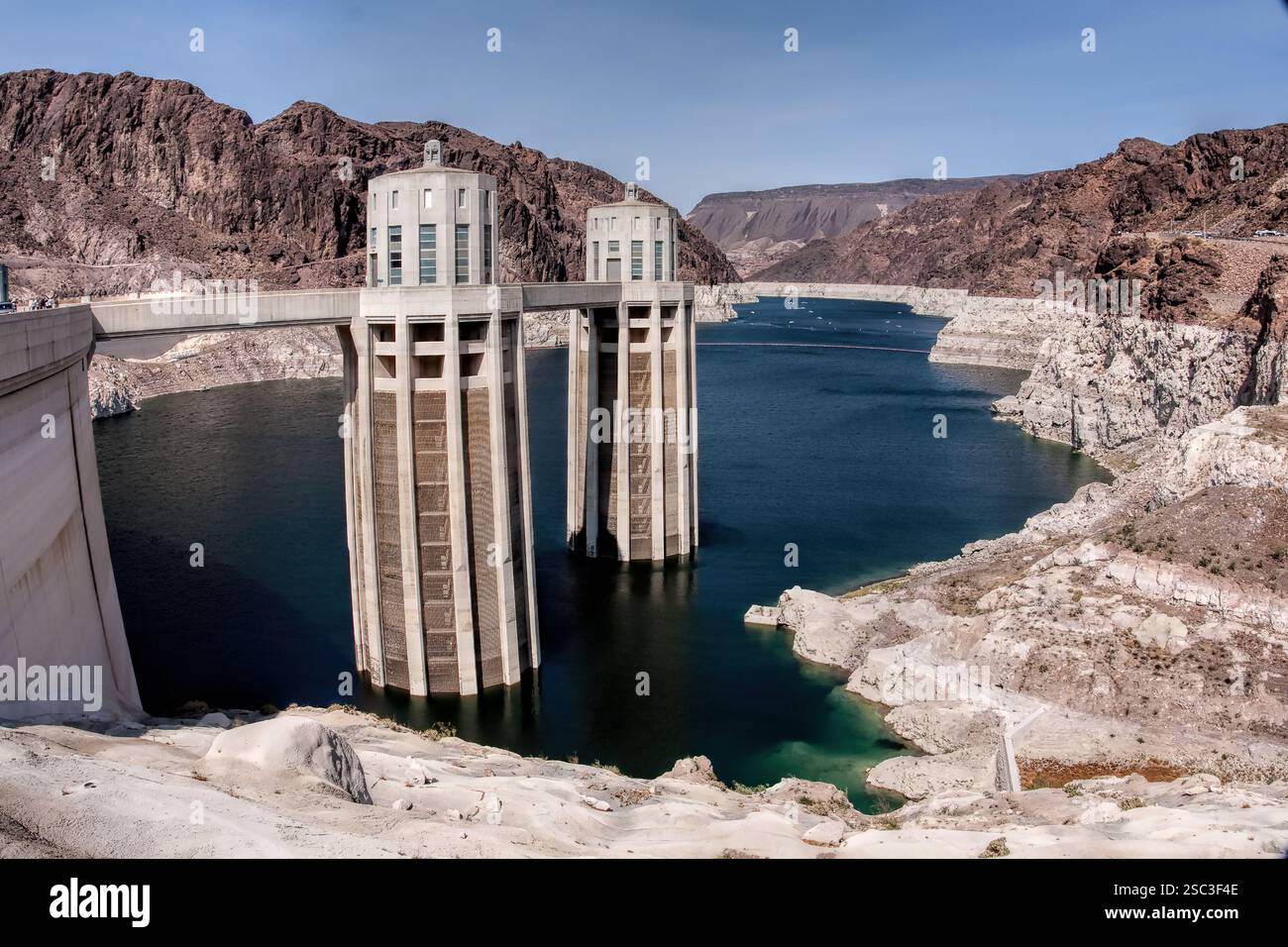 A large body of water with two tall structures in the middle. The water ...
