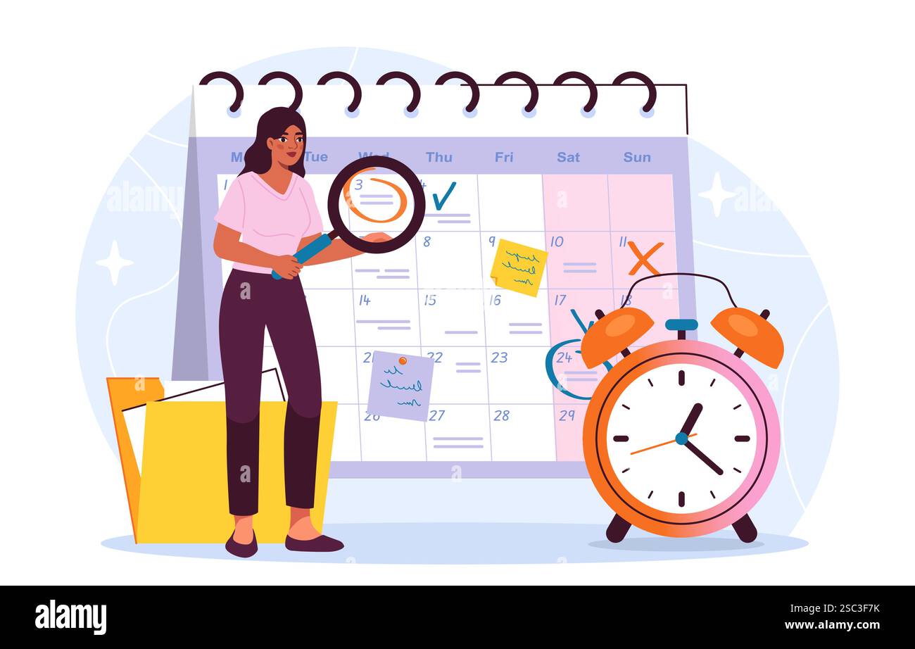 Time management woman. Young girl near clocks and calendar. Efficient ...