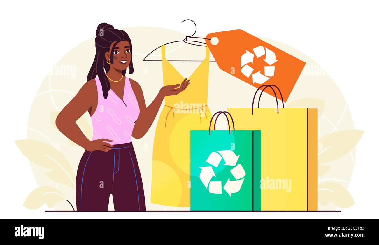 Recycled clothing concept. Woman with dress and bags from recycled ...
