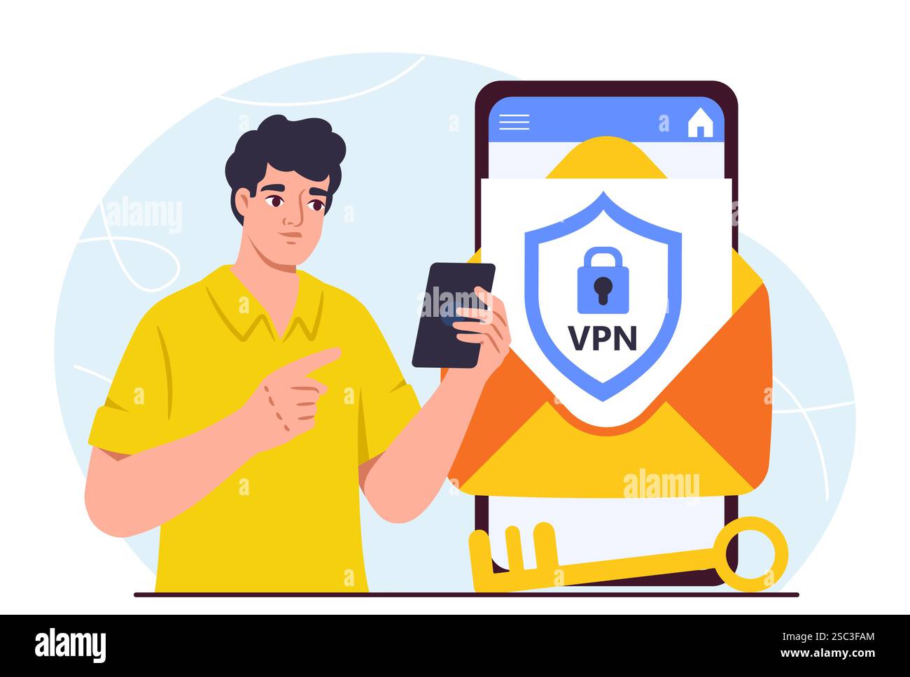 Man with vpn. Young guy with mobile application for smartphone. Virtual ...