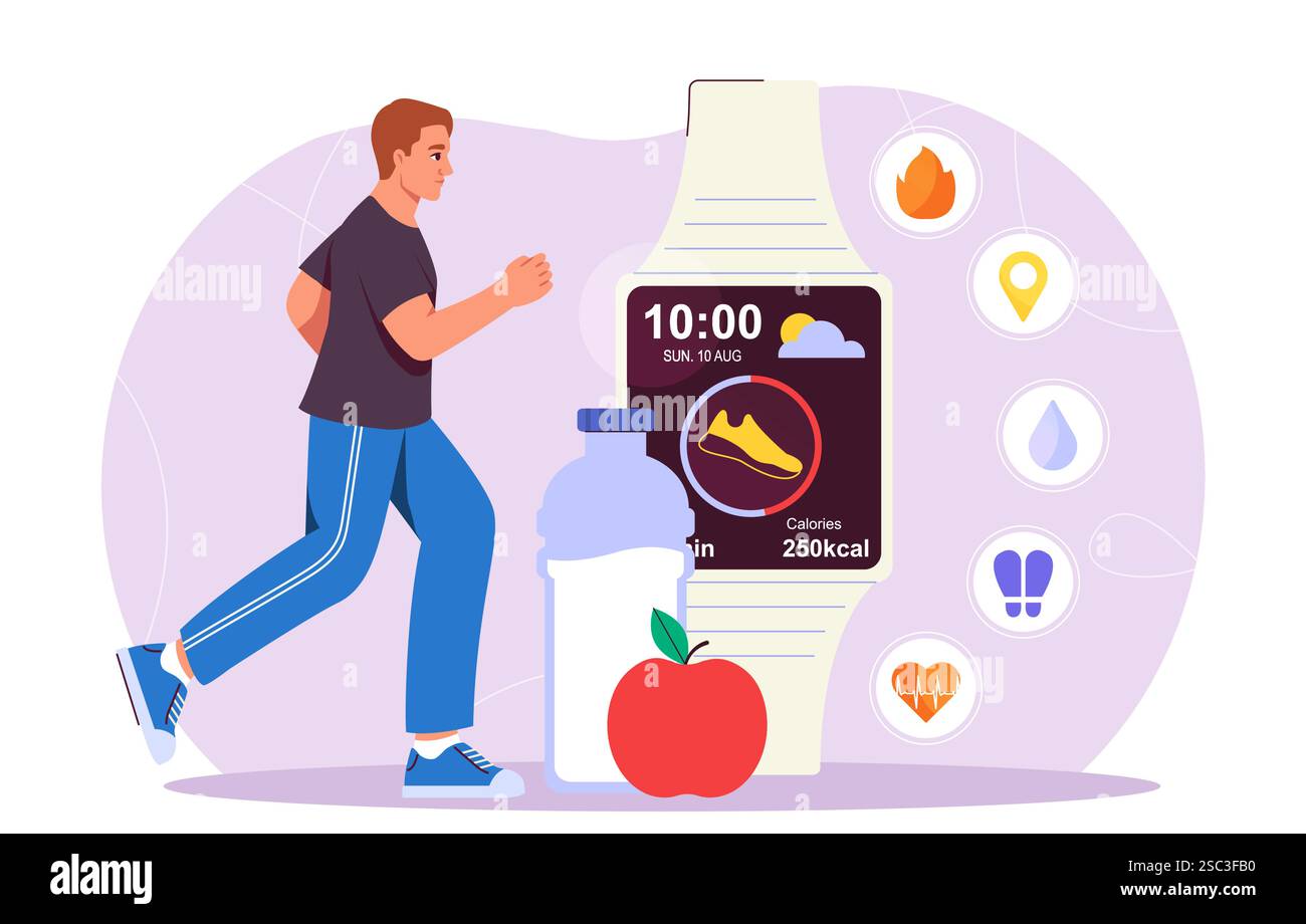 Running man with smartwatch. Young guy near smart watches. Active ...