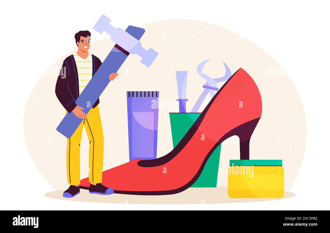 Man shoemaker concept. Young guy with hammer near huge red shoe. Repair ...