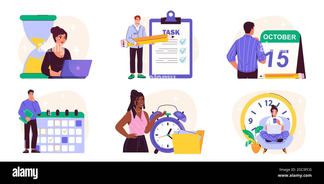 Time management set. People with clocks and calendar. Efficient work process organization ...