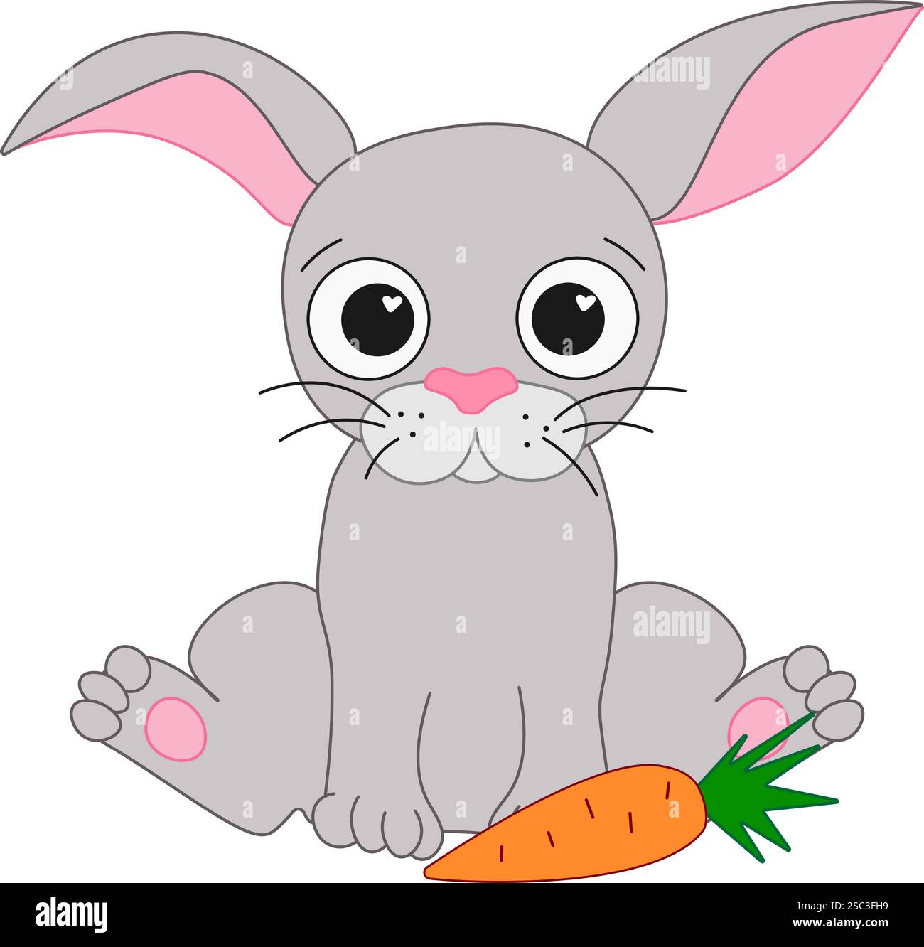 Cartoon happy rabbit bunny with a carrot, cute graphic line vector ...