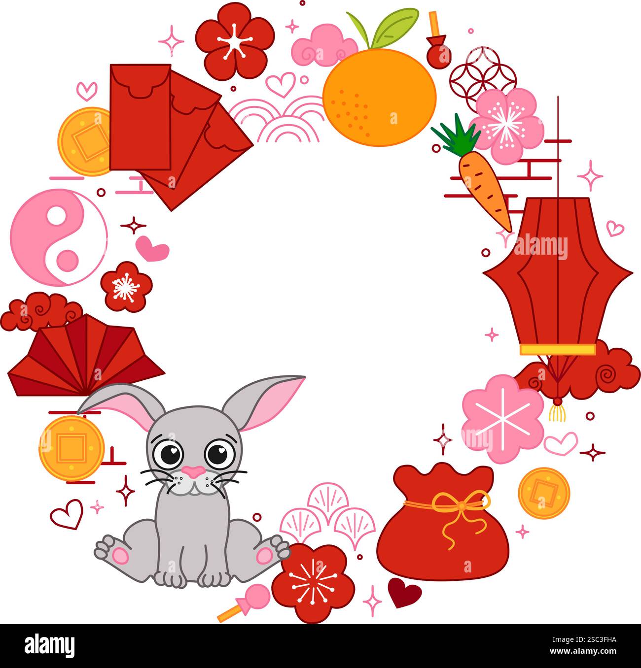 CNY 2035 Rabbit bunny circle round vector frame template for your text ...