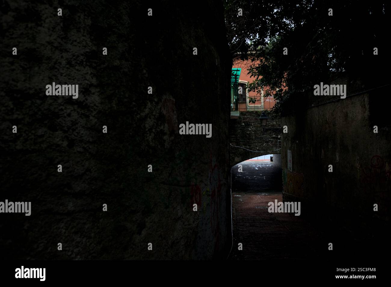 Staircase in an alley with trees passing under a building in an italian ...