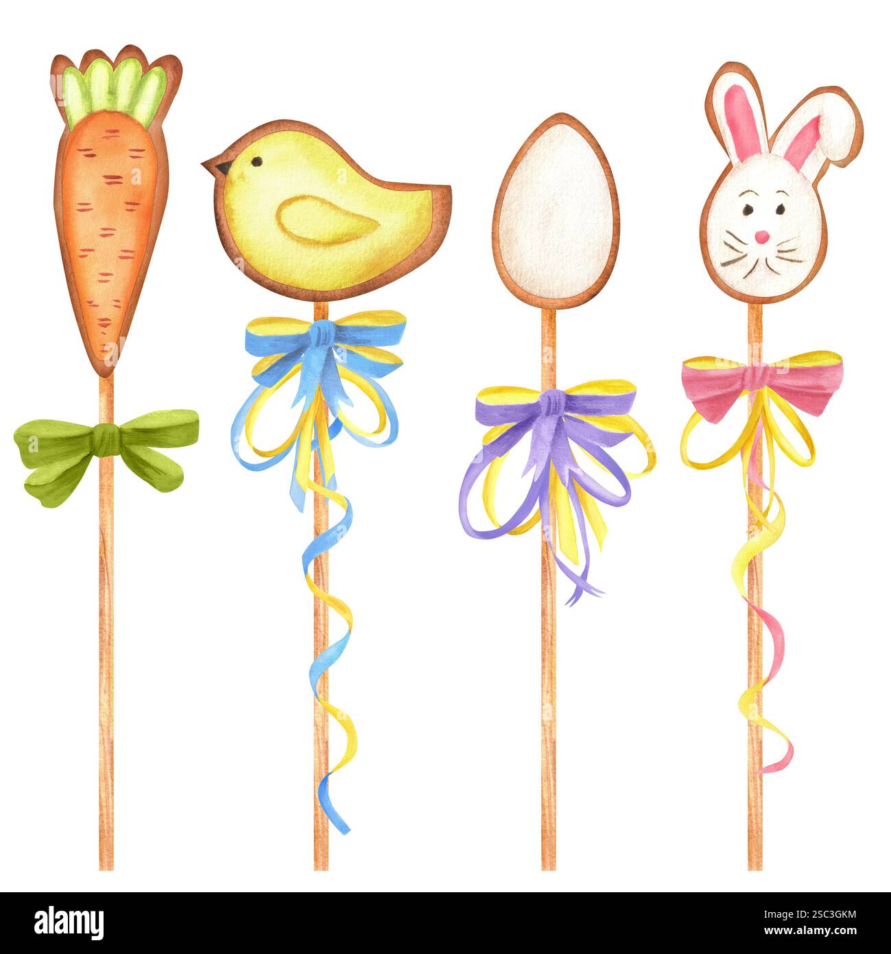 A bundle of easter cookies with bows and ribbons on sticks. Carrot, egg ...
