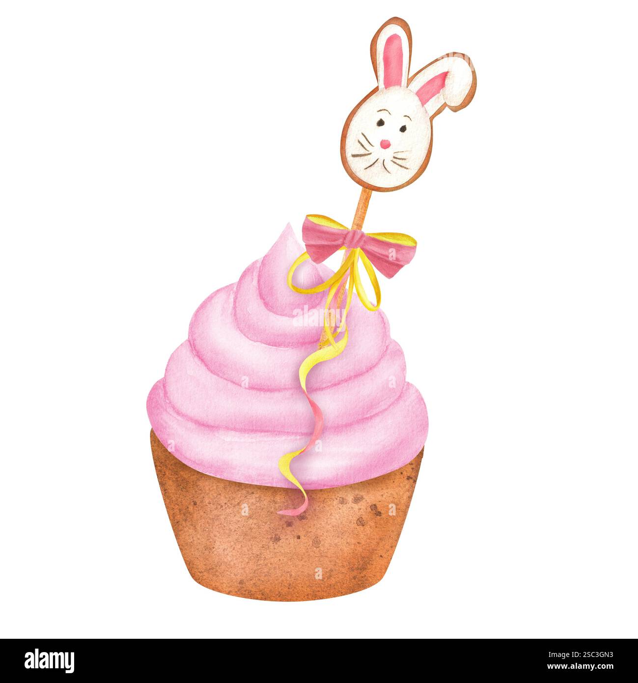 Easter cupcake with pink cream decorated with bunny cookie on a stick ...