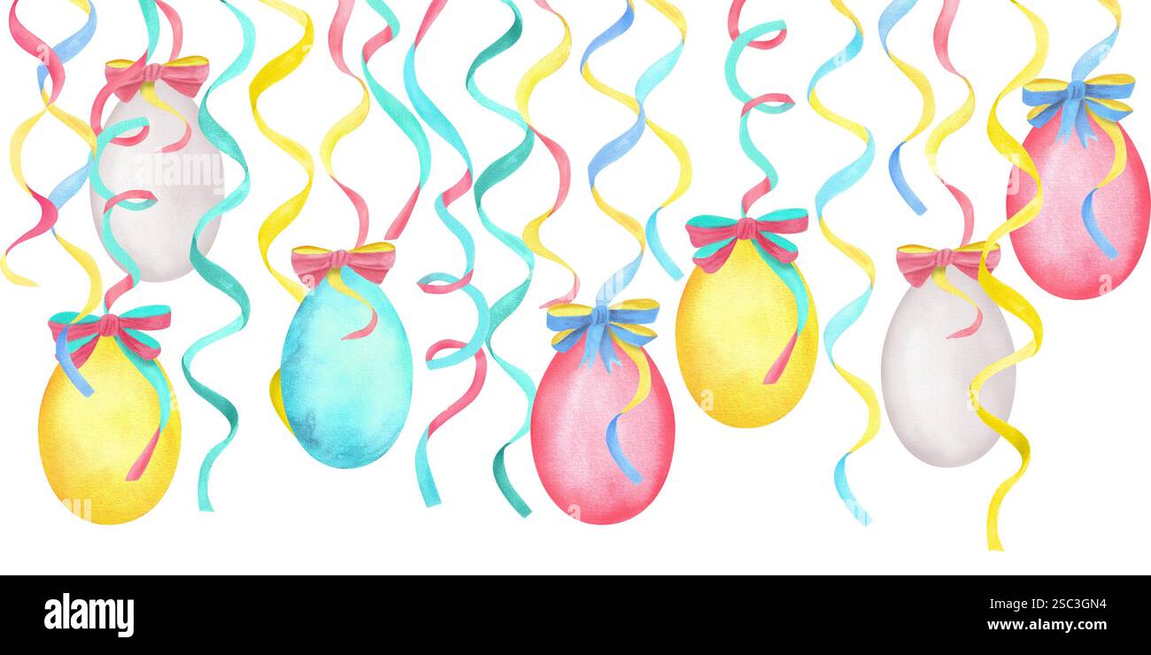 Seamless top border with yellow, blue, white and pink eggs hanging on ...