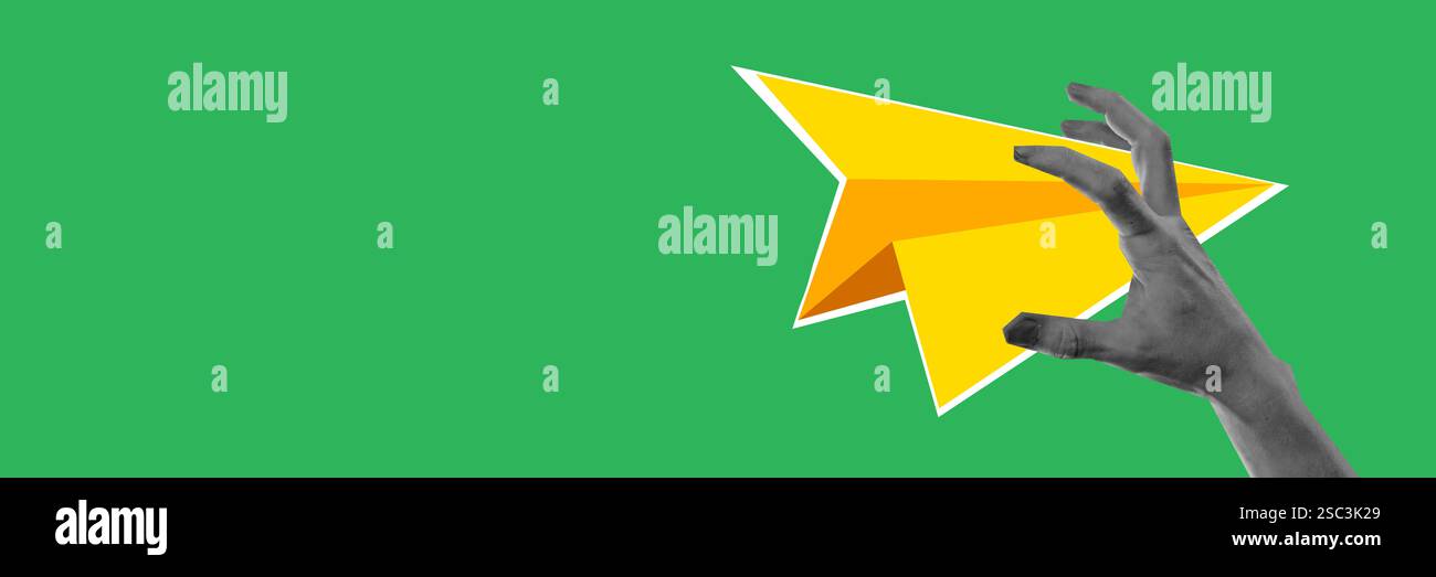 Grasping digital notification. Hand reaching for flying paper plane ...