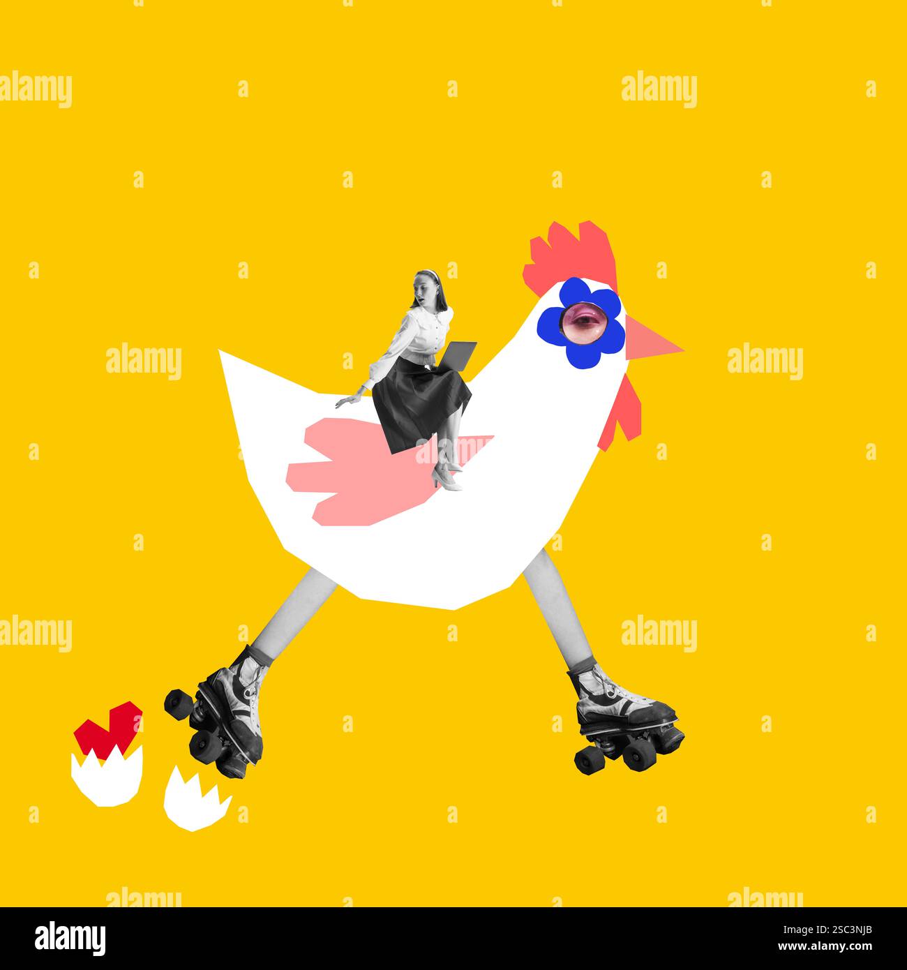 Internet speed. Young woman riding roller-skating chicken, playfully ...