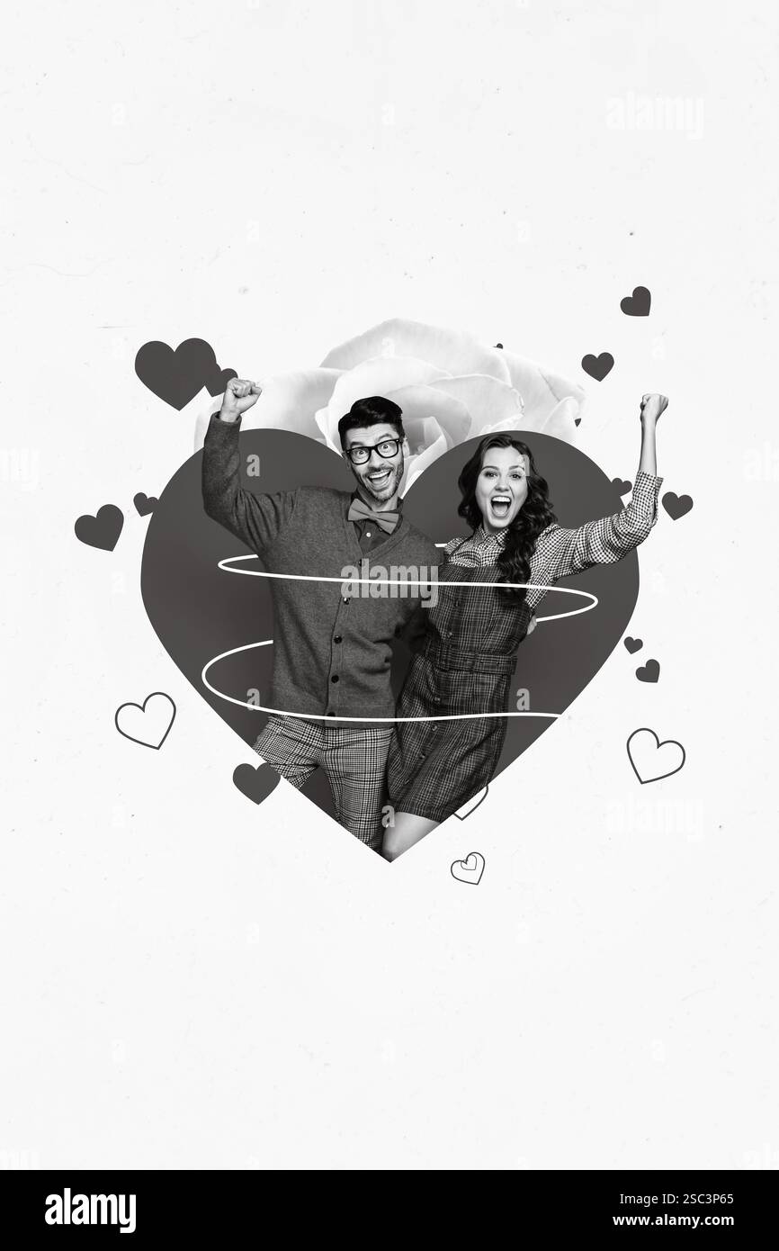 Collage photo picture of young two people ten years together raise ...