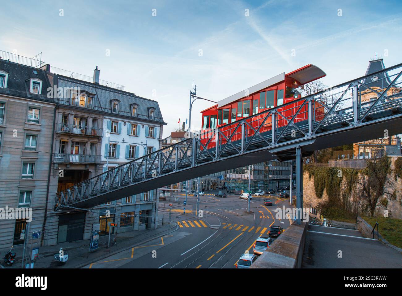 Zurich, January 24, 2025: Polybahn funicular tram line and city view ...