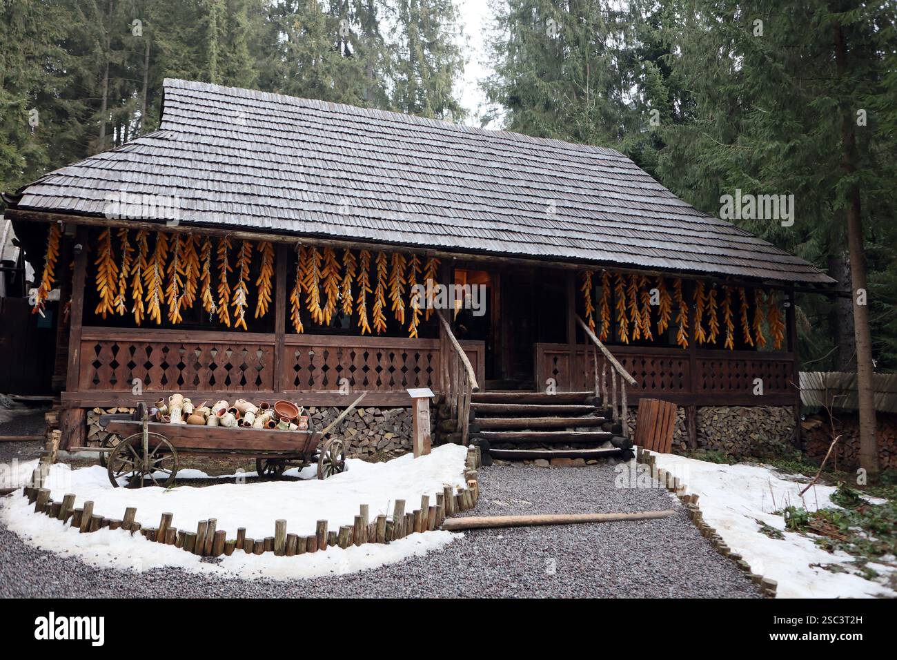 IVANO-FRANKIVSK REGION, UKRAINE - JANUARY 31, 2025 - A wooden house is ...