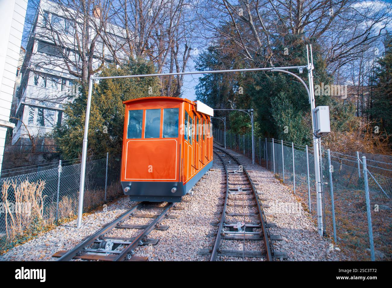 Zurich, January 25, 2025: Polybahn funicular tram line and tourist ...