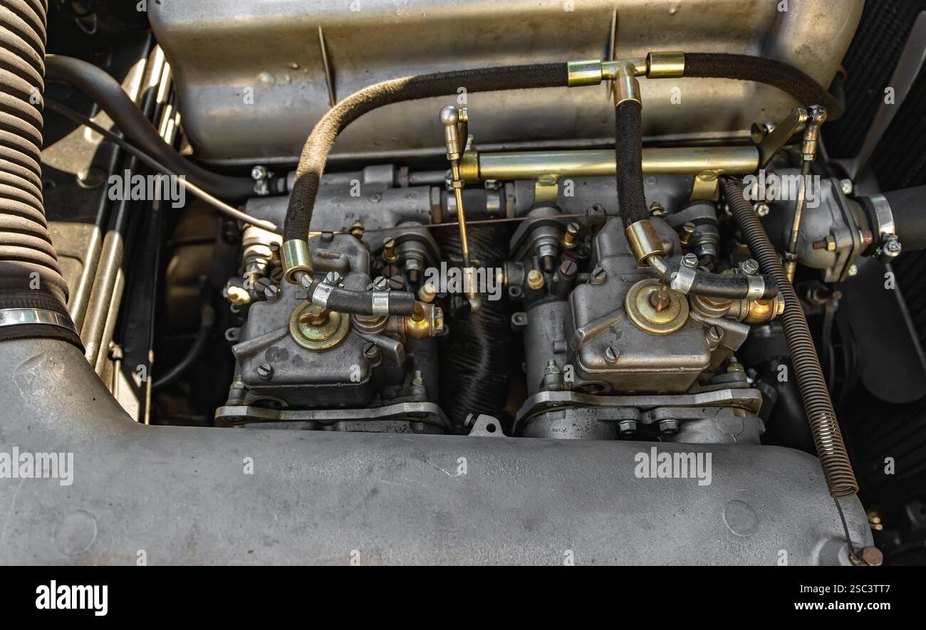 Detailed view of classic car engine components Stock Photo - Alamy