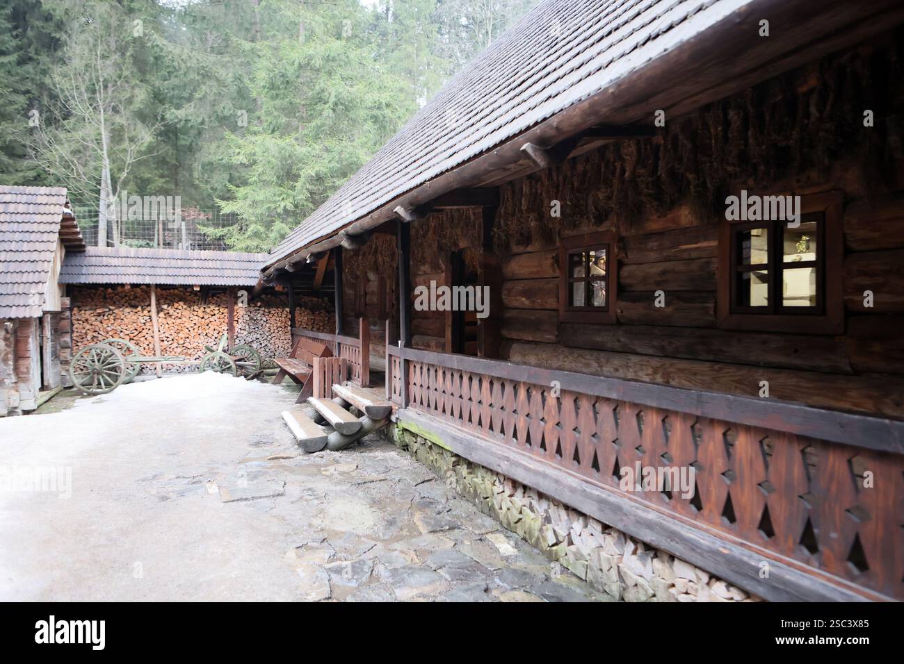 IVANO-FRANKIVSK REGION, UKRAINE - JANUARY 31, 2025 - A wooden house is ...