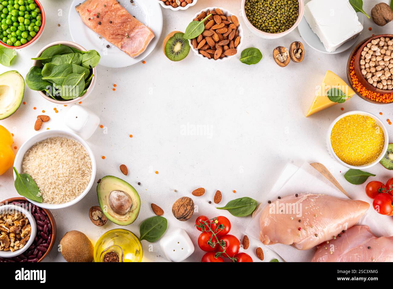 Clean Eating Diet foods background, fruits, vegetables, lean proteins ...