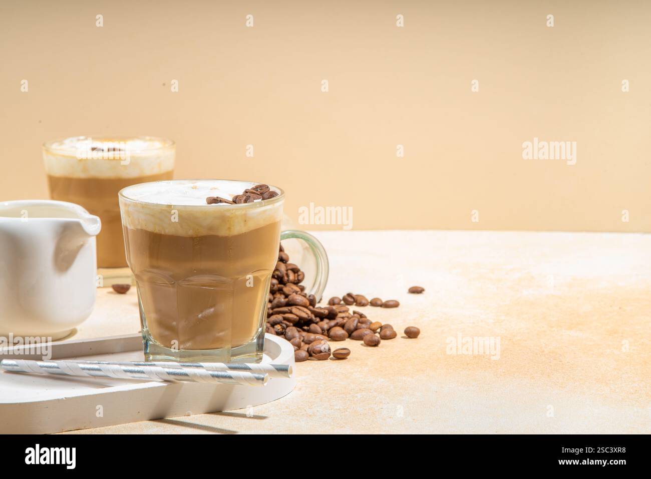 Cold dairy coffee drink with milk, whipped cream. Foamy frappe, latte ...