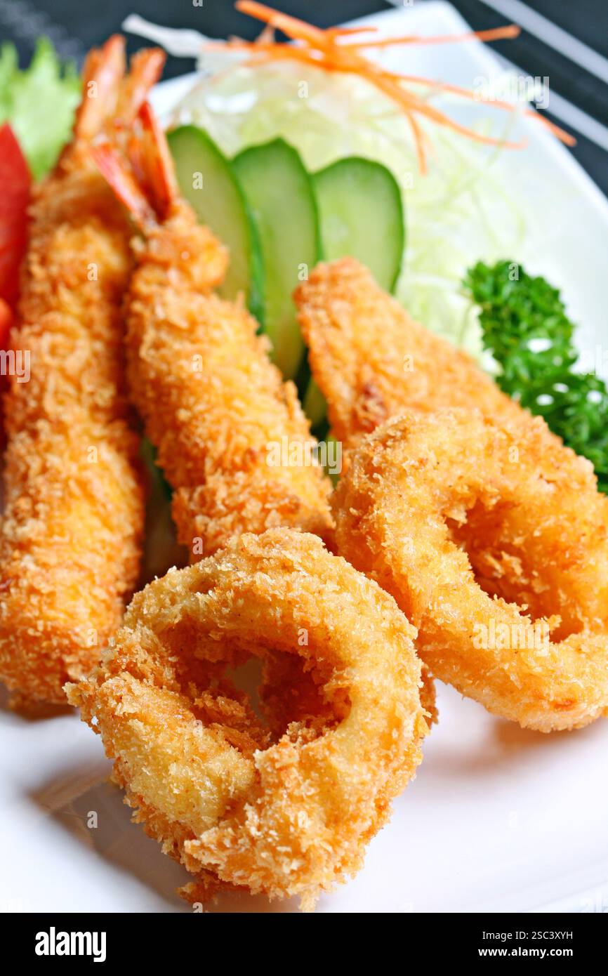 Mix fry, deep fried mixed seafoods (Ebi fry and Ika fry) with bread ...