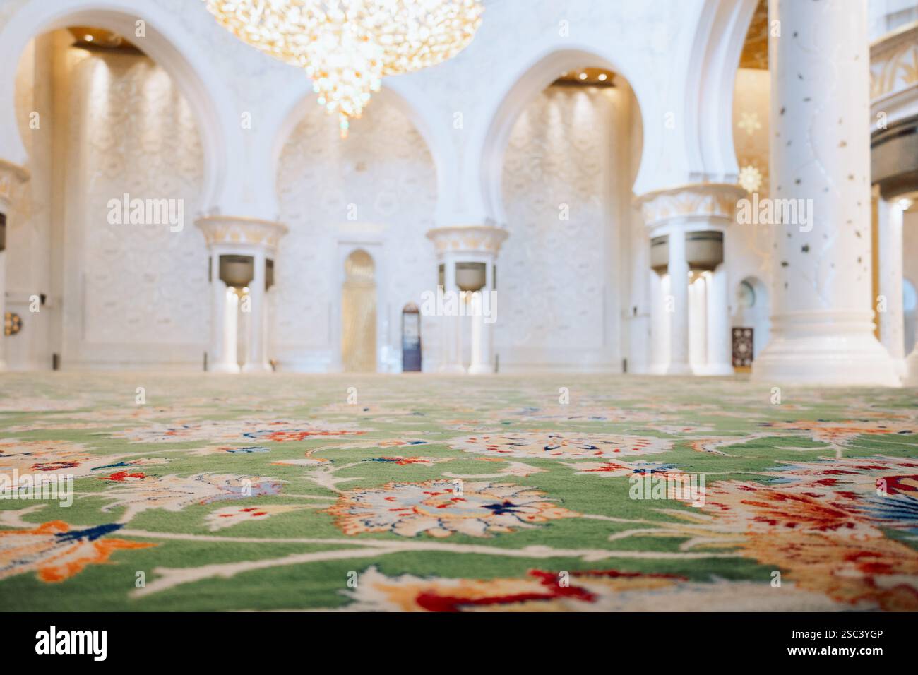 View of Sheikh Zayed Grand Mosque in Abu Dhabi. Inside mosque with ...