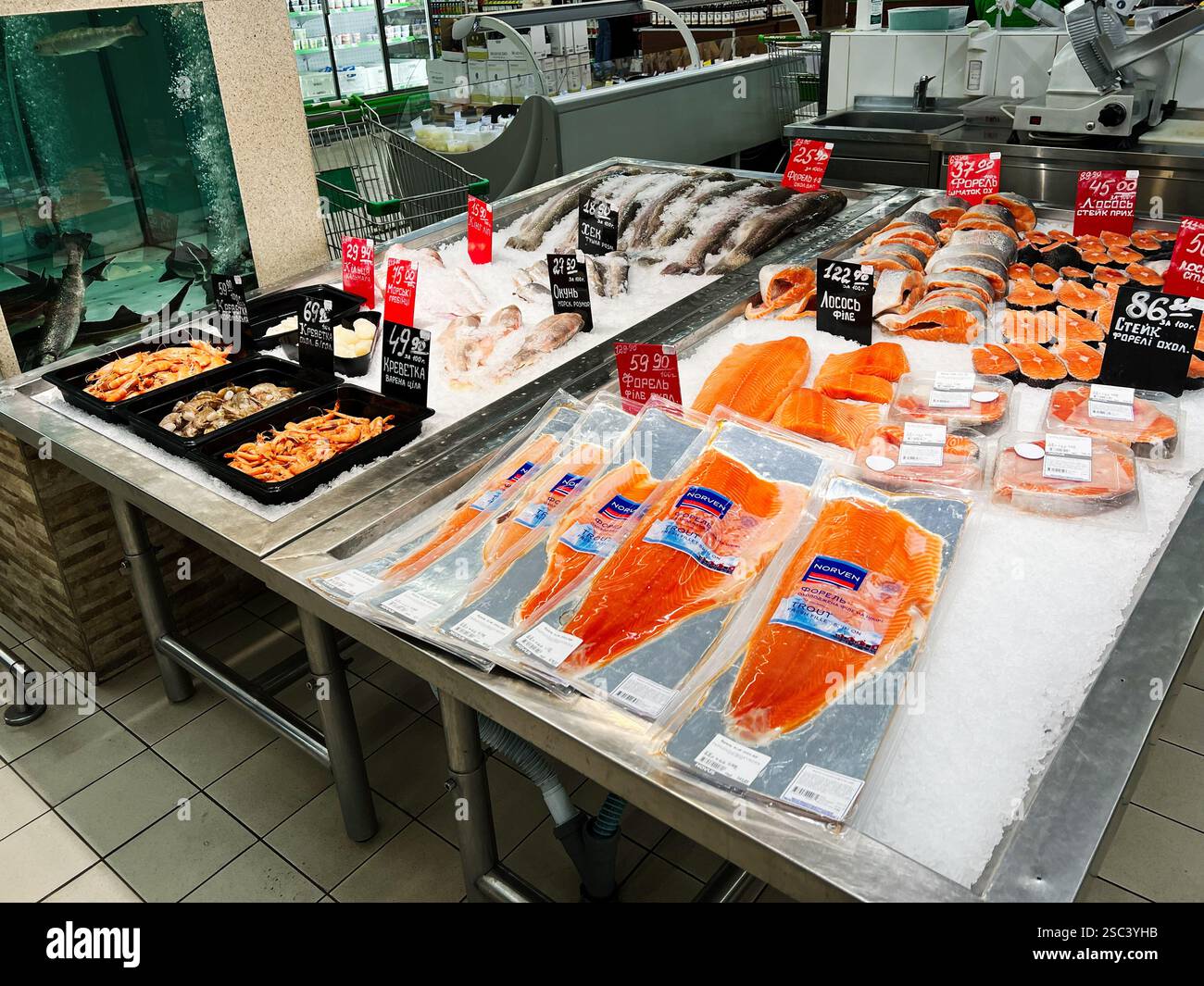 Kyiv, Ukraine - February 04, 2025: Various fresh seafood items ...