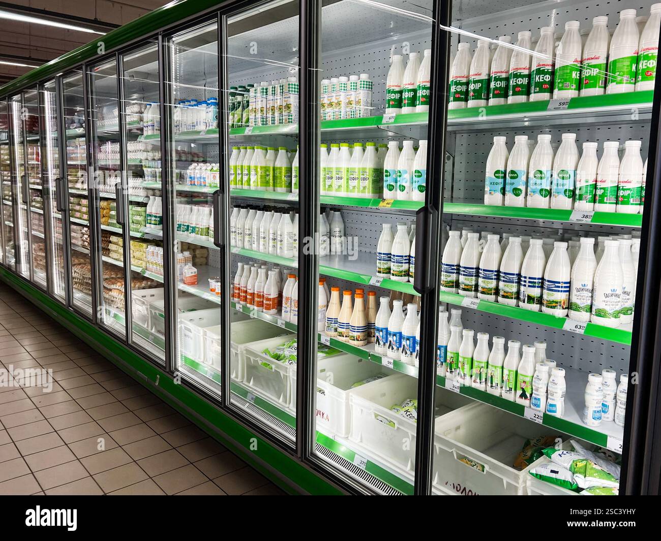 Kyiv, Ukraine - February 04, 2025: Supermarket aisle with refrigerated ...