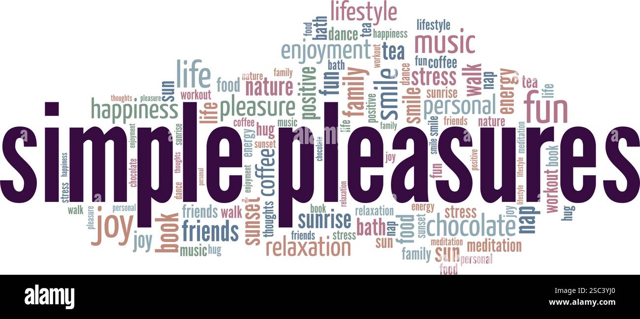 Simple Pleasures word cloud conceptual design isolated on white ...