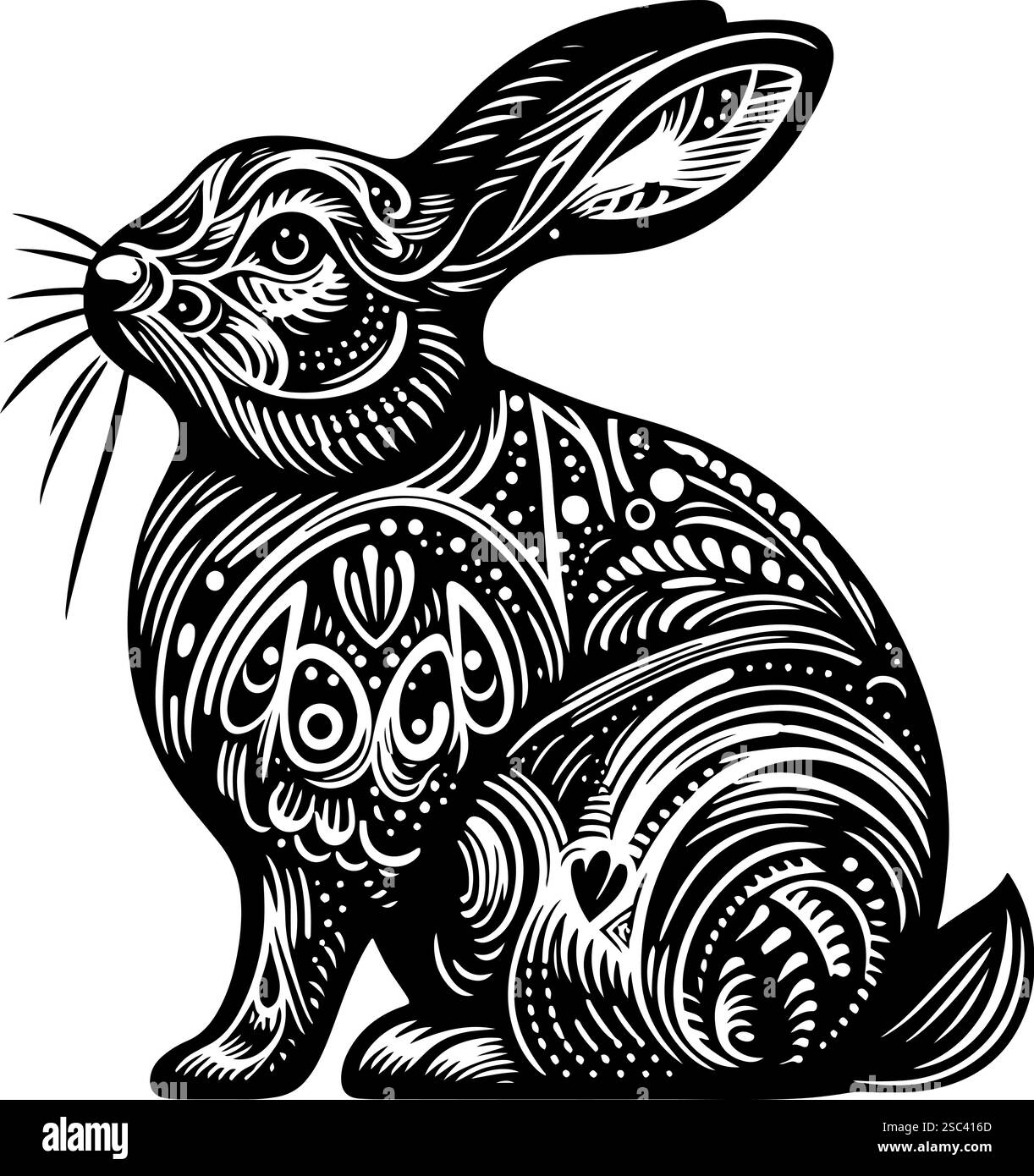 Stylized Rabbit with Folk Art Patterns: A Black and White Graphic ...