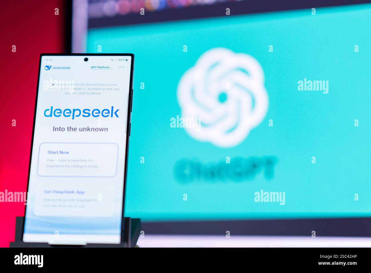 Photo of Samsung phone with Deepseek AI in background computer with ...