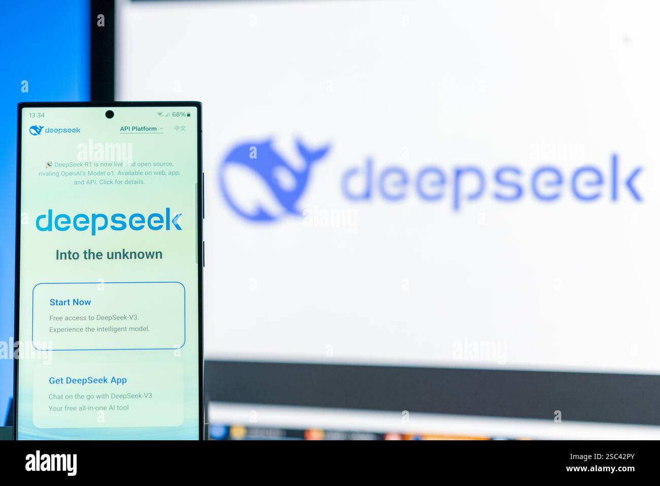 Photo of Samsung phone with Deepseek AI in background computer with ...
