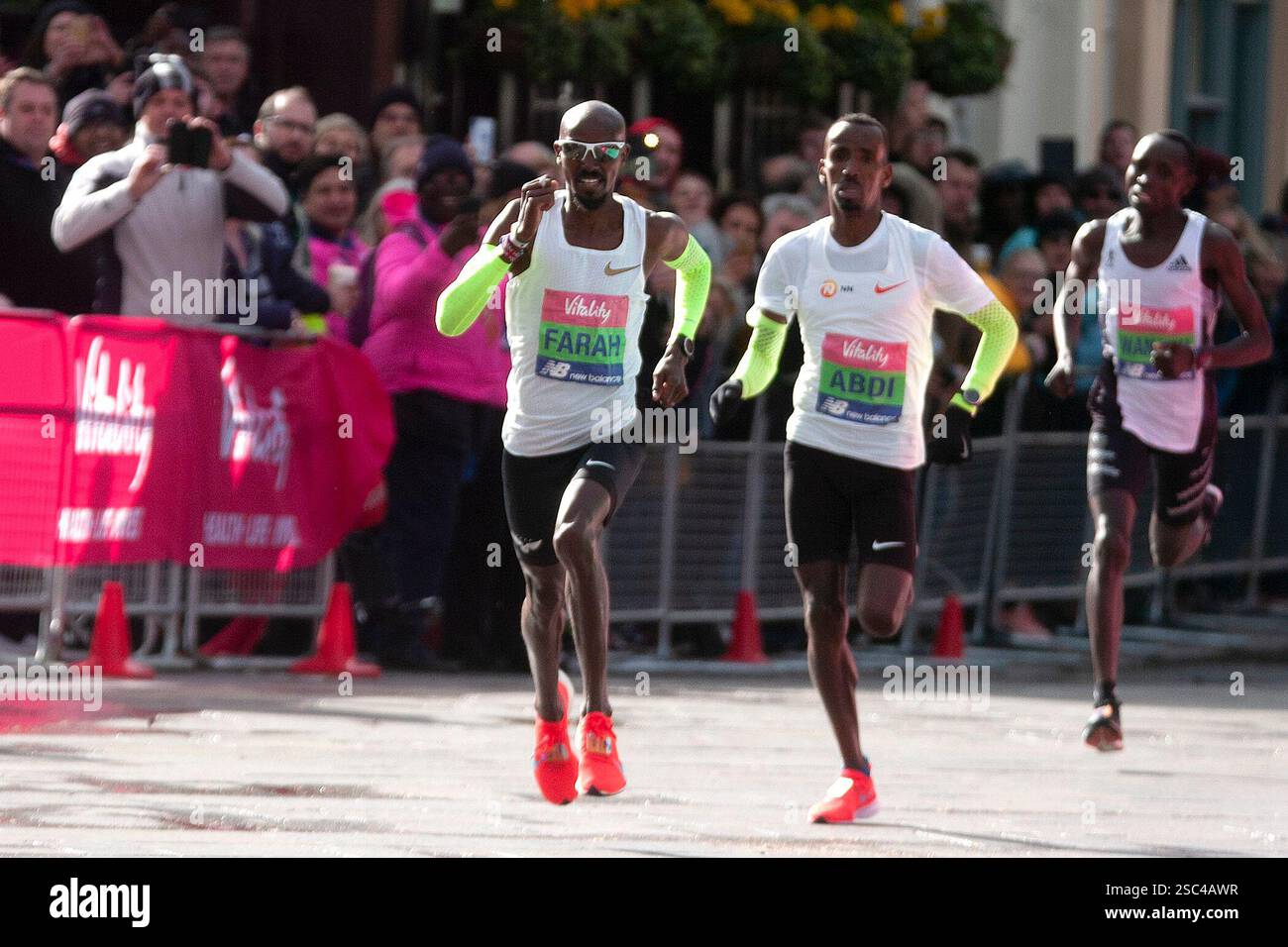 Mo Farah (winner), Bashir Abdi (second) and Daniel Wanjiru (third ...