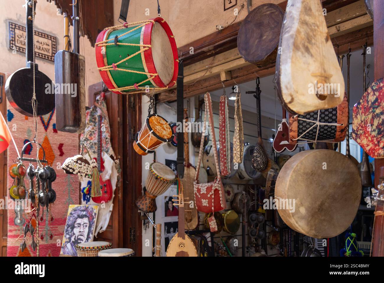 Musical instrument store, African drums, Souk of Marrakech, Morocco ...