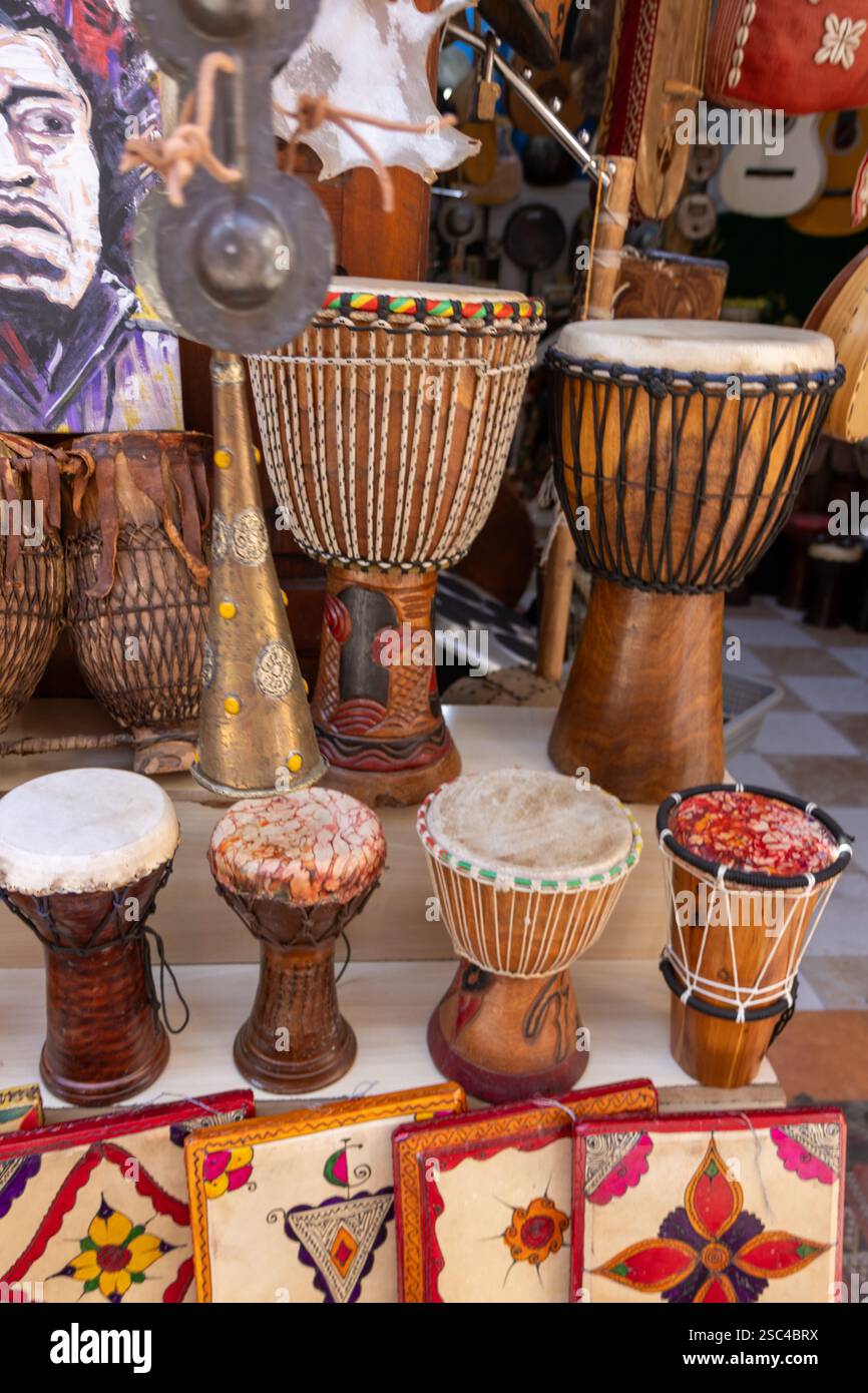 Musical instrument store, African drums, Souk of Marrakech, Morocco ...