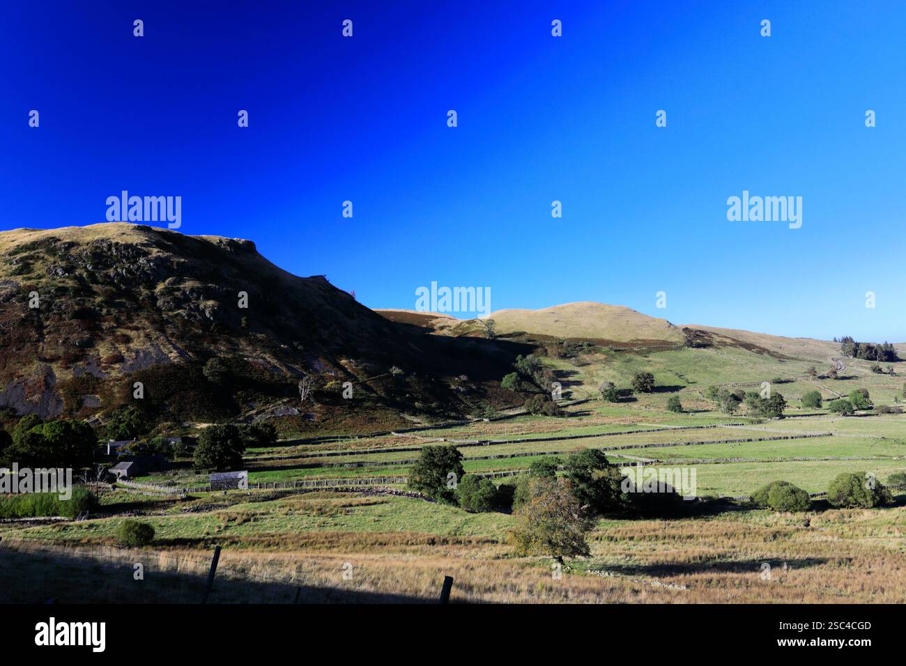 Summer view over Dowthwaitehead hamlet and farms in the upper valley of ...