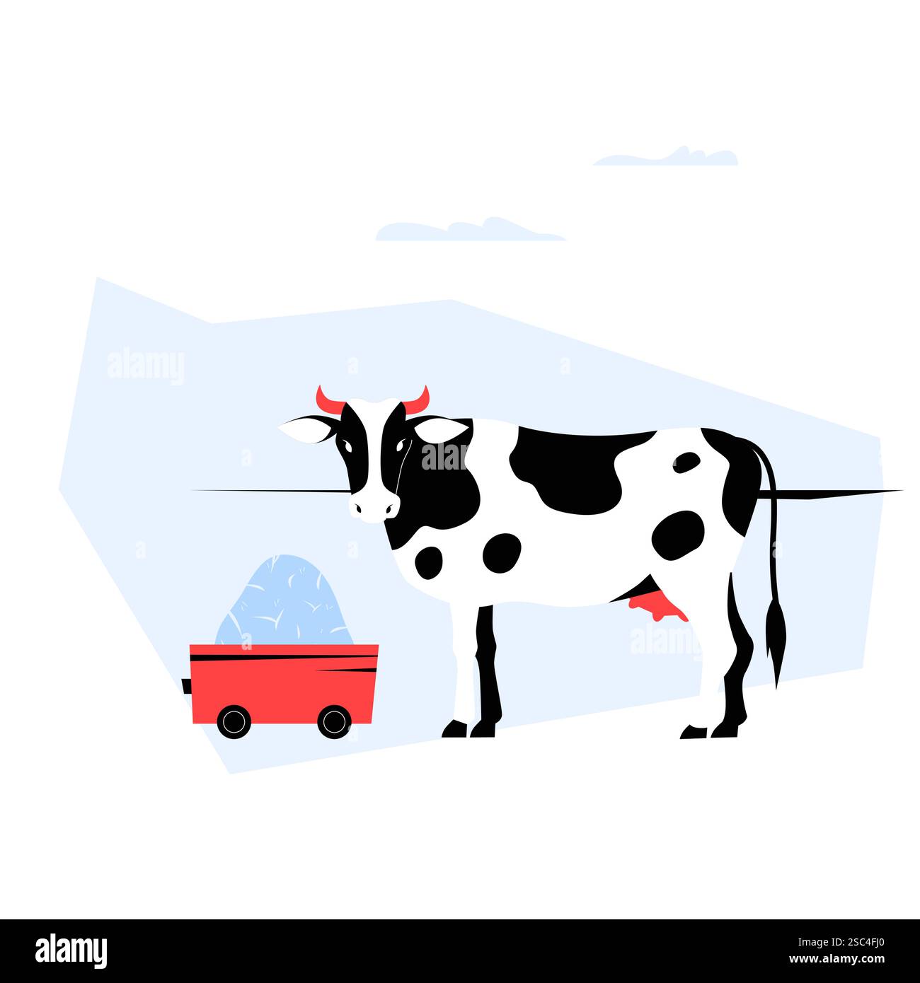 Dairy Cow With Red Feed Cart In Flat Vector Illustration Symbolizing ...