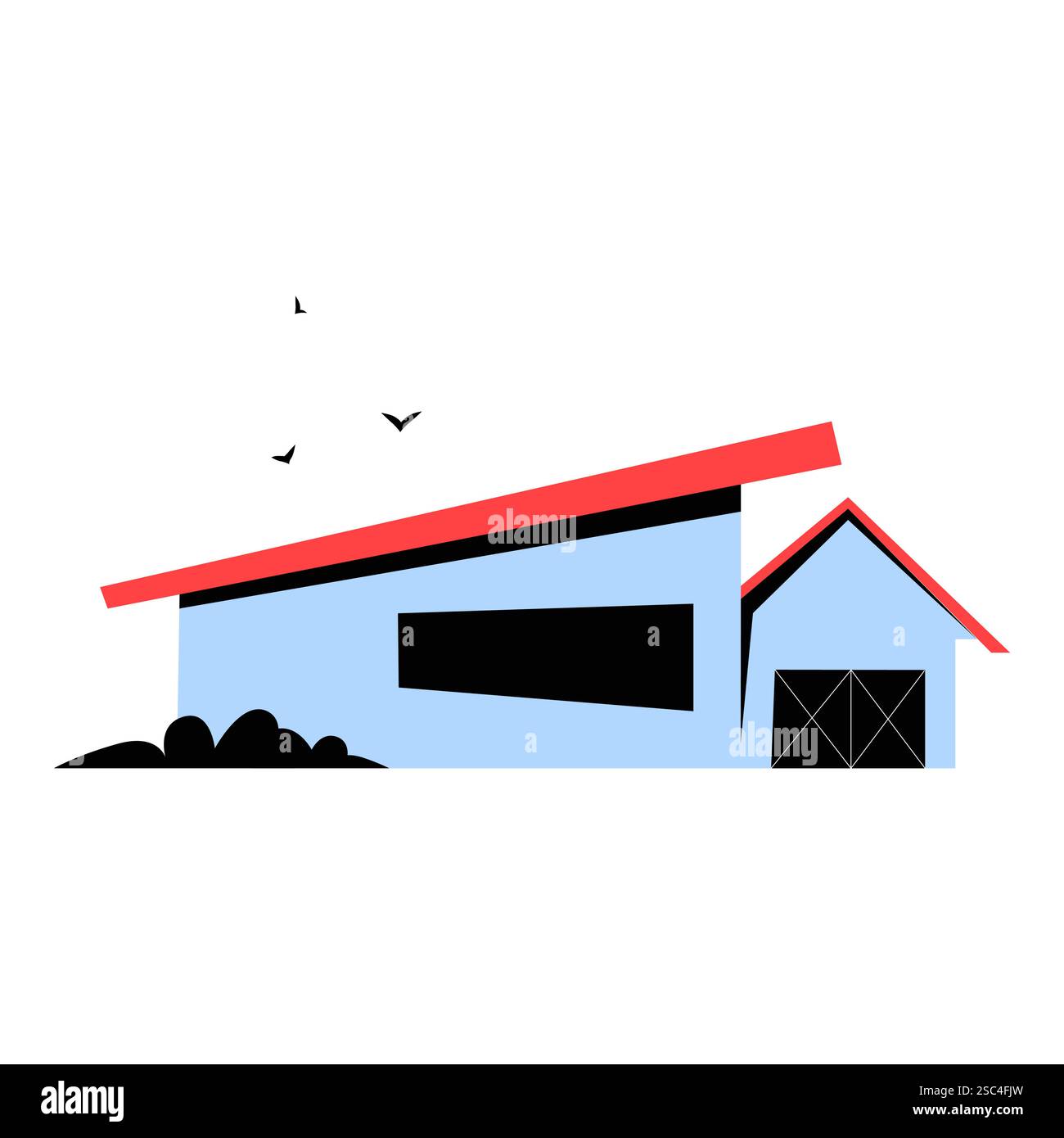 Modern Farmhouse With Slanted Roof And Barn In Flat Vector Illustration ...