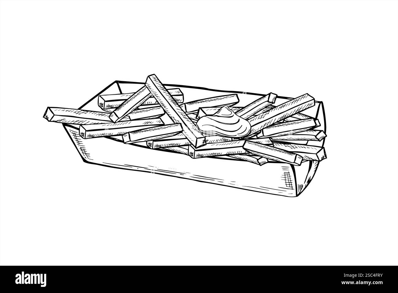 French fries in cardboard rectangular box line art black ink sketch ...