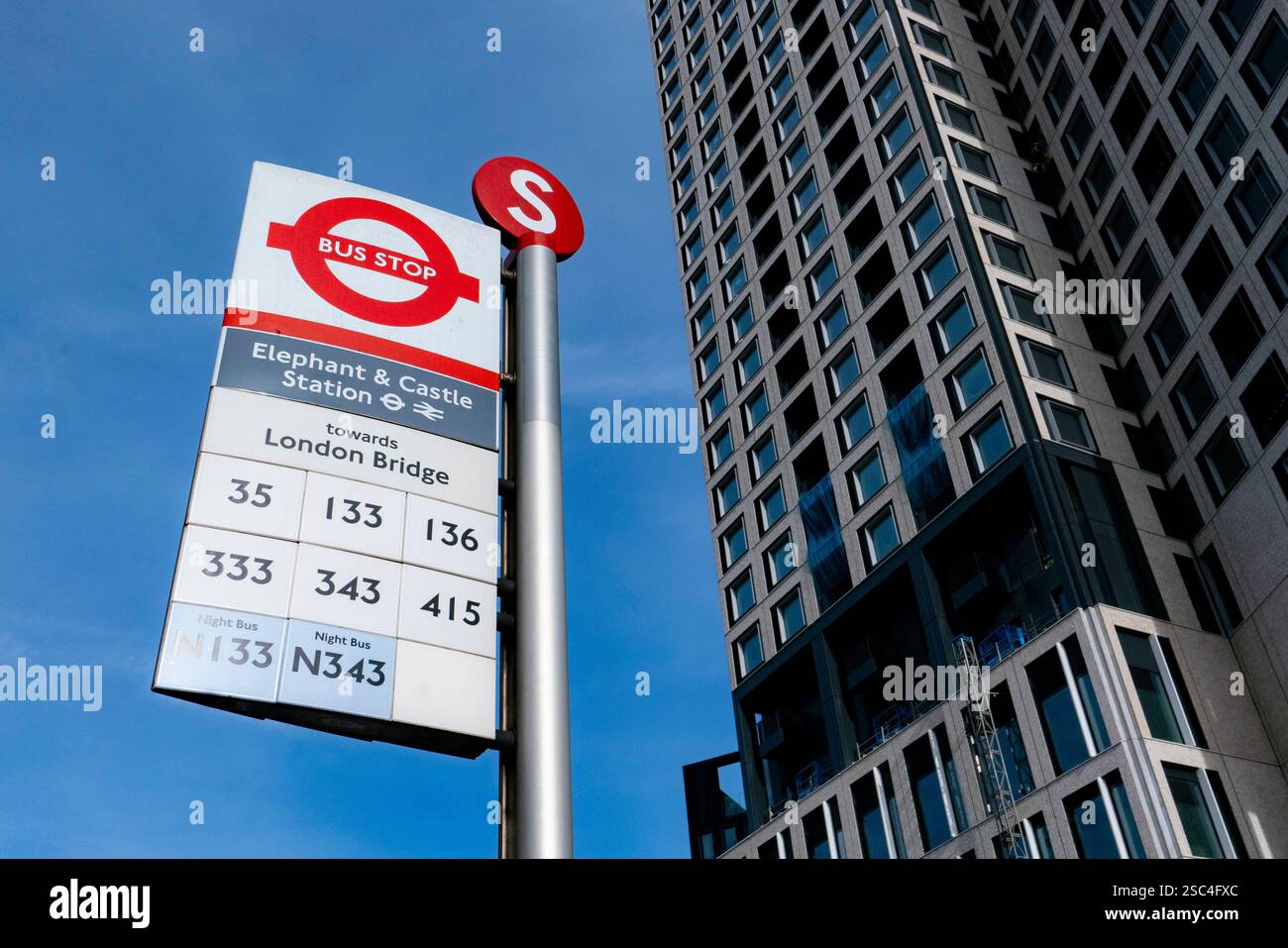 Bus stop sign at the newly developed Elephant and Castle in South ...