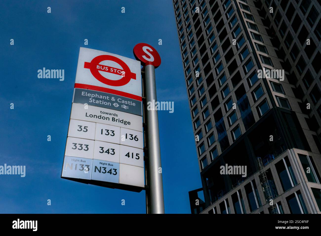 Bus stop sign at the newly developed Elephant and Castle in South ...