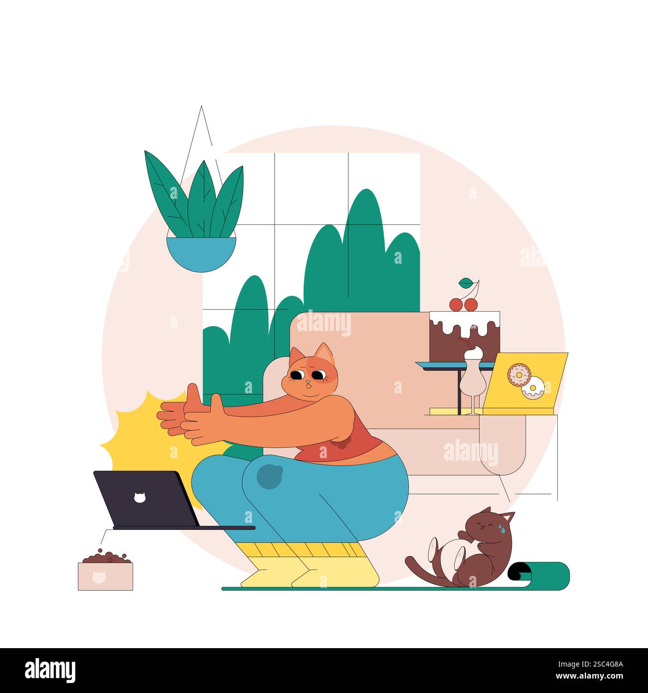 A cat character engages in a playful fitness routine with dumbbells at ...