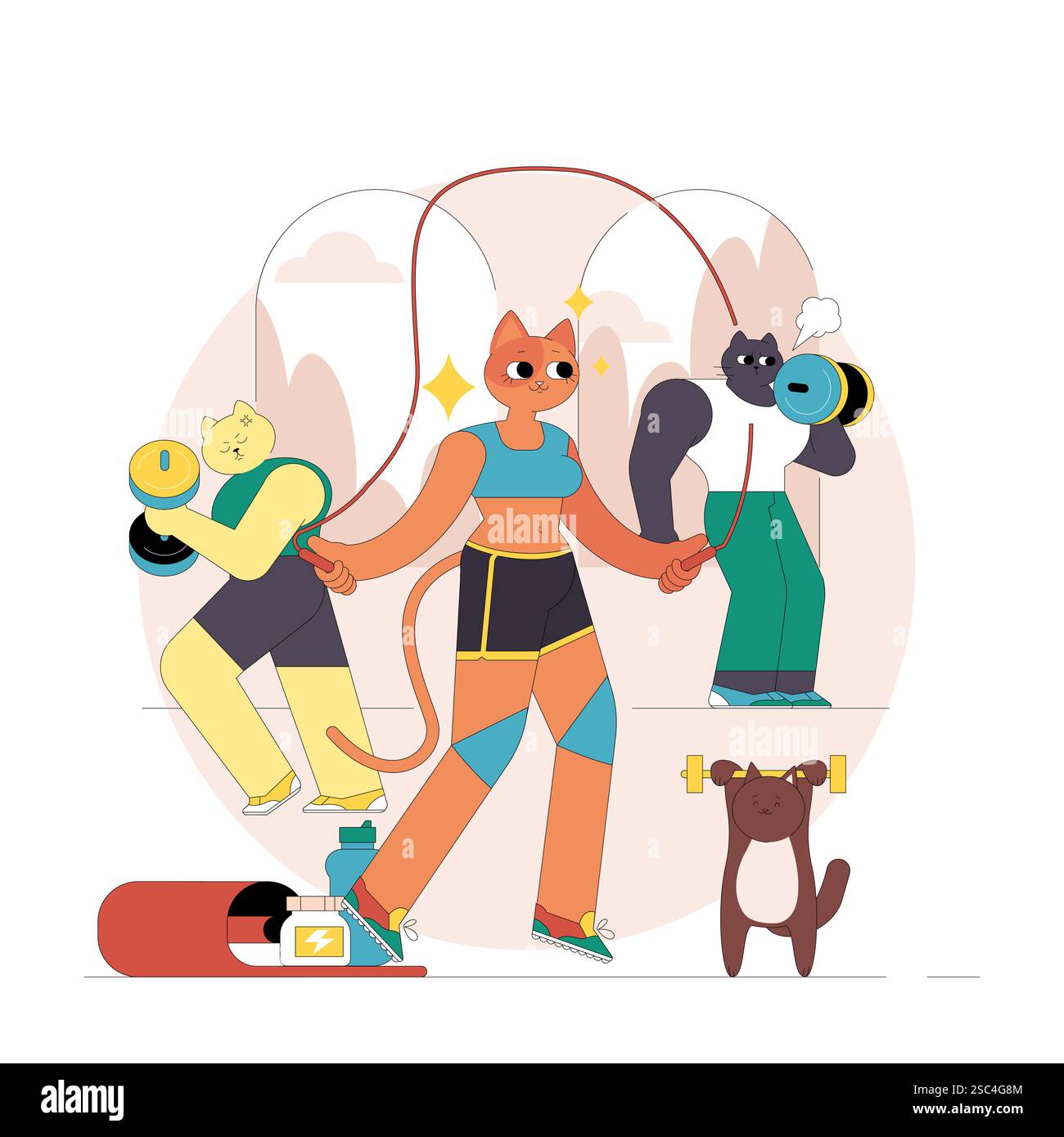A group of animated animals engages in fitness activities, showcasing ...