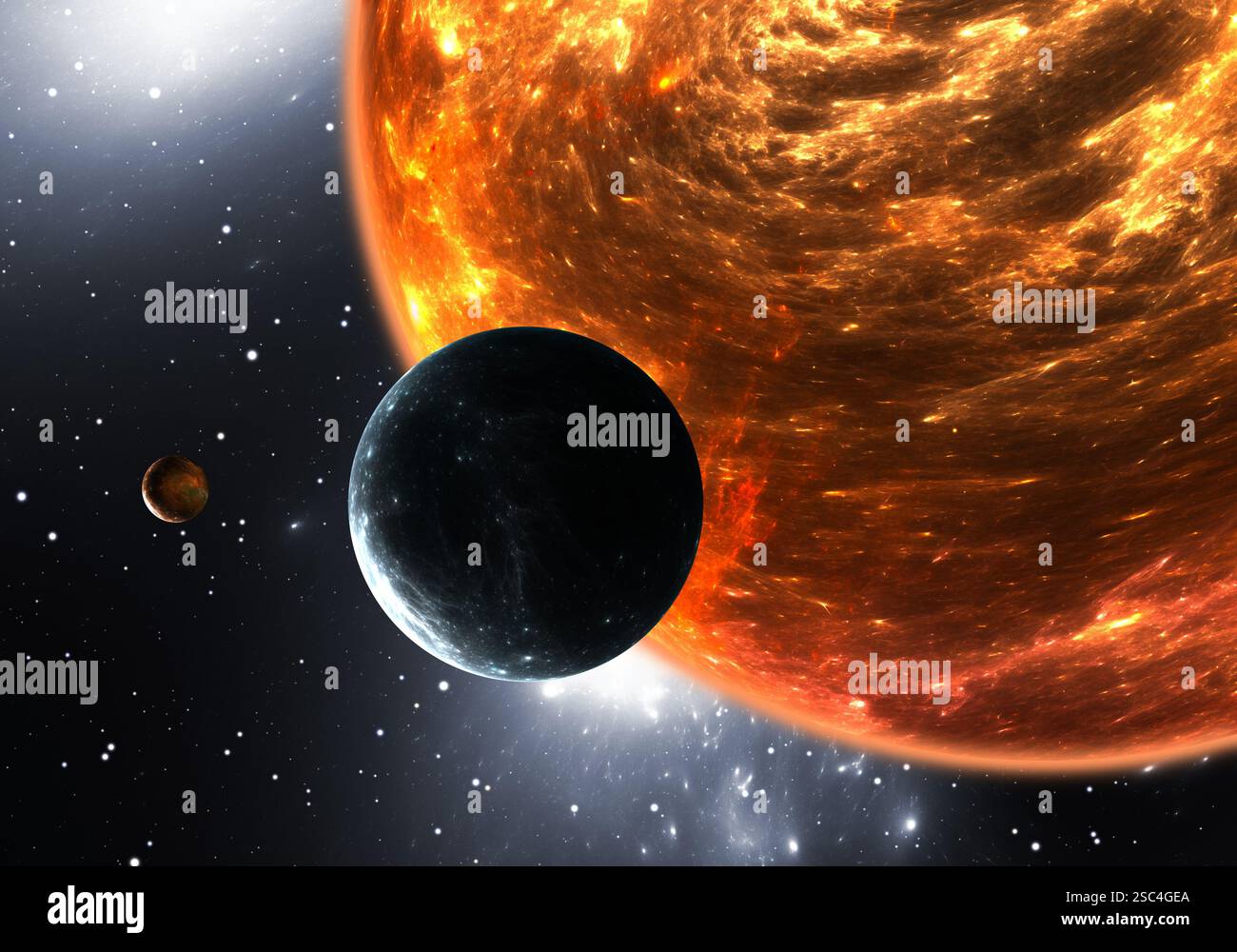 Extrasolar planets or exoplanets and red dwarf or red supergiant. 3D ...