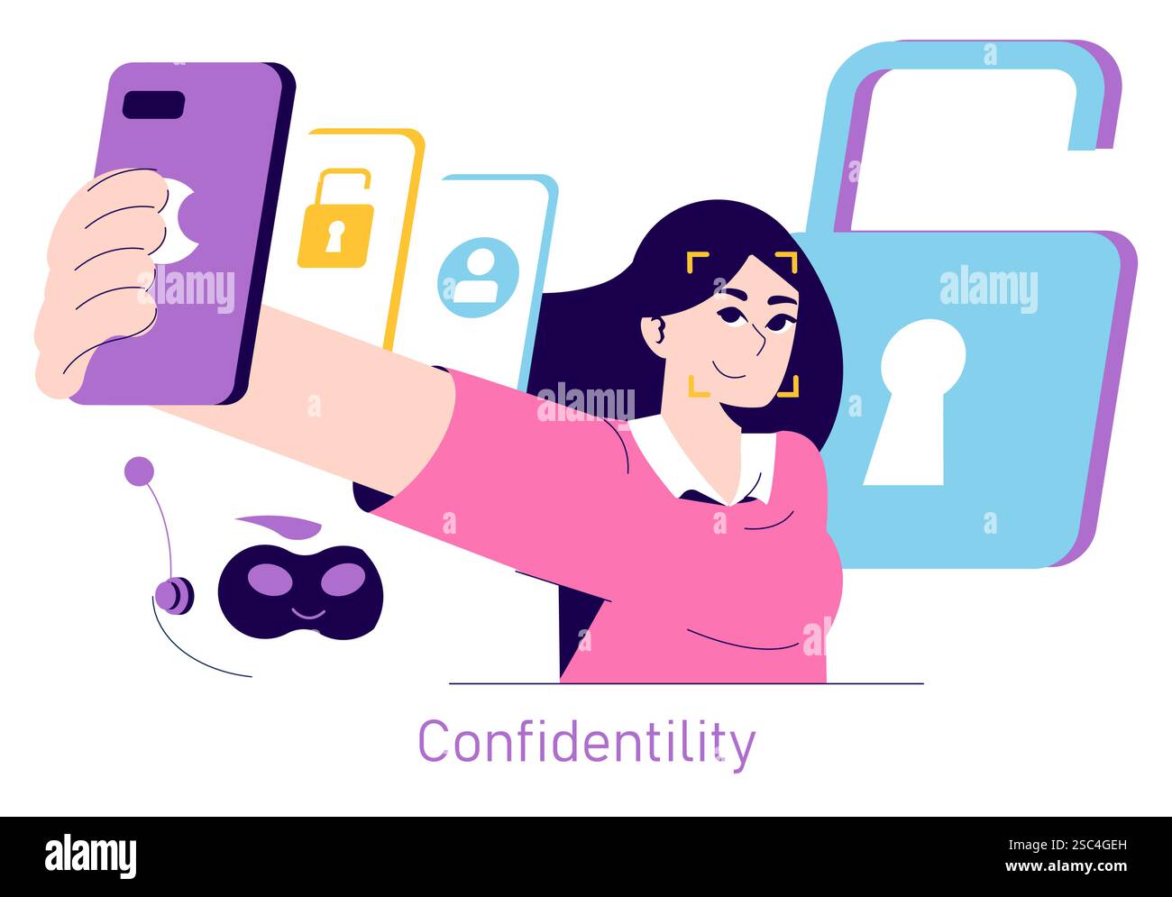 Digital privacy concept. A woman uses biometric authentication on her ...
