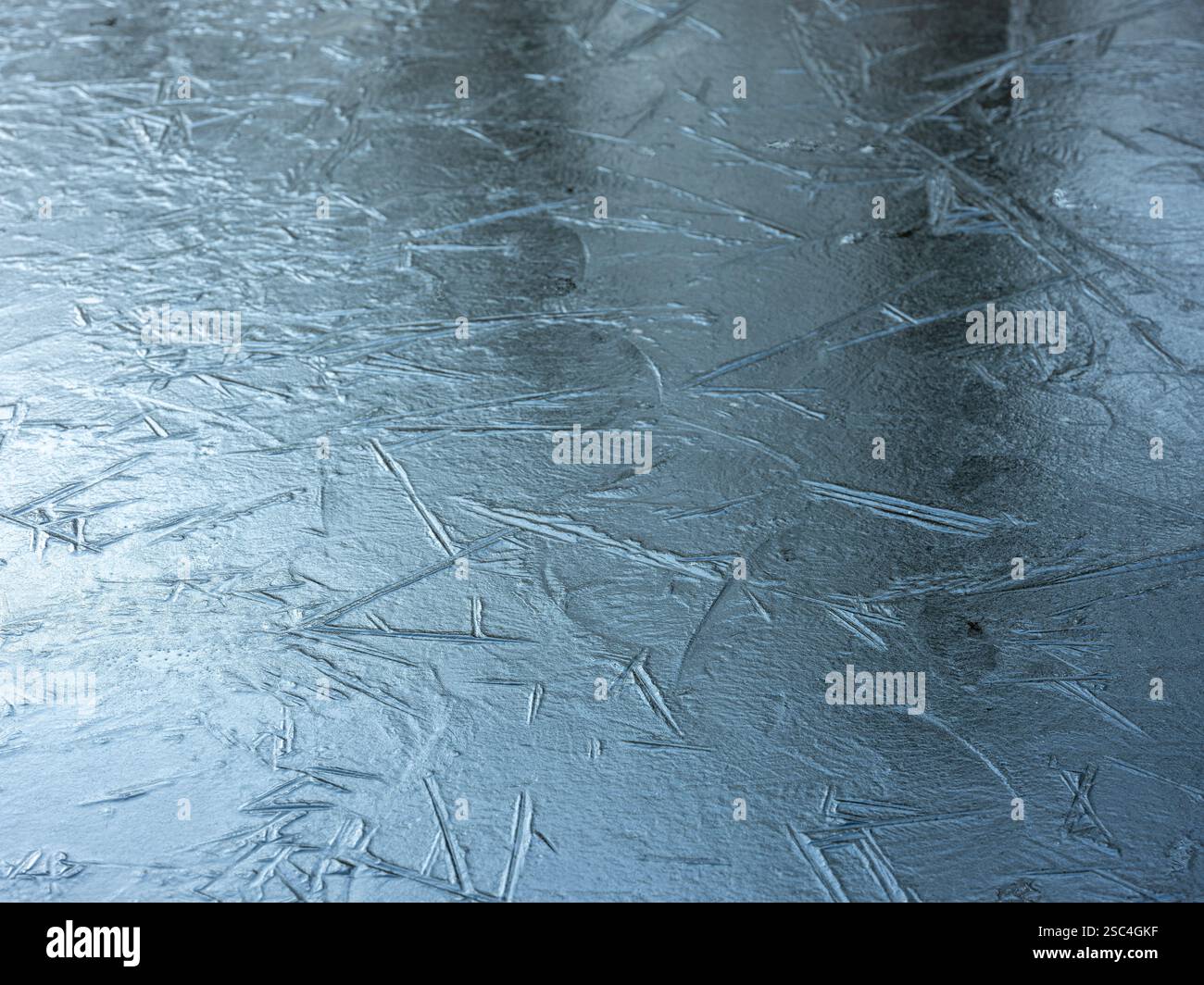 harsh graphic lines caused by grass or reed in frozen puddle reflect ...