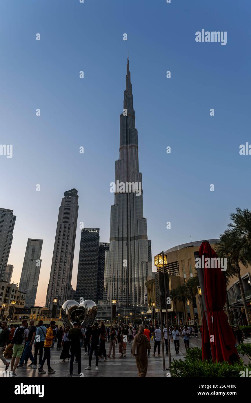 Evening at the world's tallest building, Dubai's Burj Khalifa. The beautiful, slender building ...