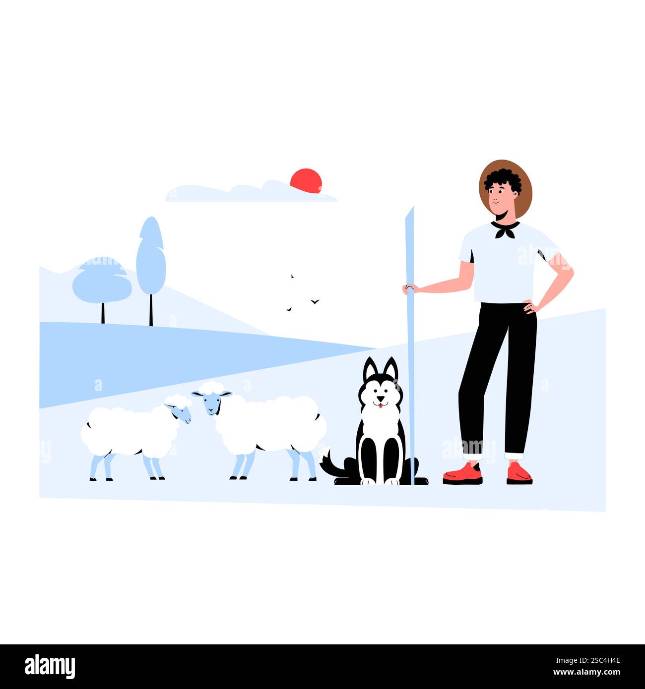 Shepherd With Staff And Sheepdog Watching Sheep In Flat Vector ...